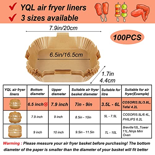 YQL Air Fryer Parchment Paper Liners,100Pcs 8 Inch Disposable Air Fryer Liners Square Non Stick Greaseproof Paper Sheets for Air Fryer Basket Compatible with Ninja,Tower,Cosori and More