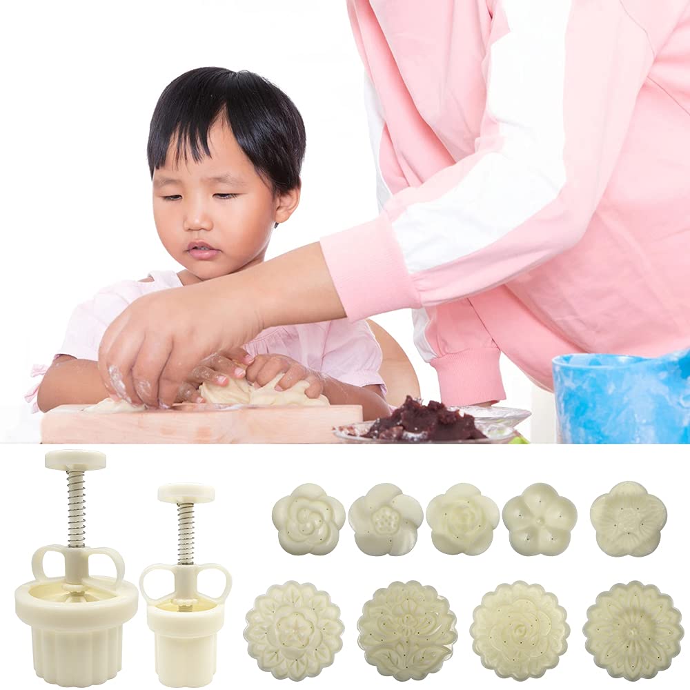 2 Set Mooncake Mould Press with 11 Stapms, FineGood DIY Cookie Cutter 50g 100g Flower Press Mooncake Mould Hand Pressure Mooncake Baking Tools