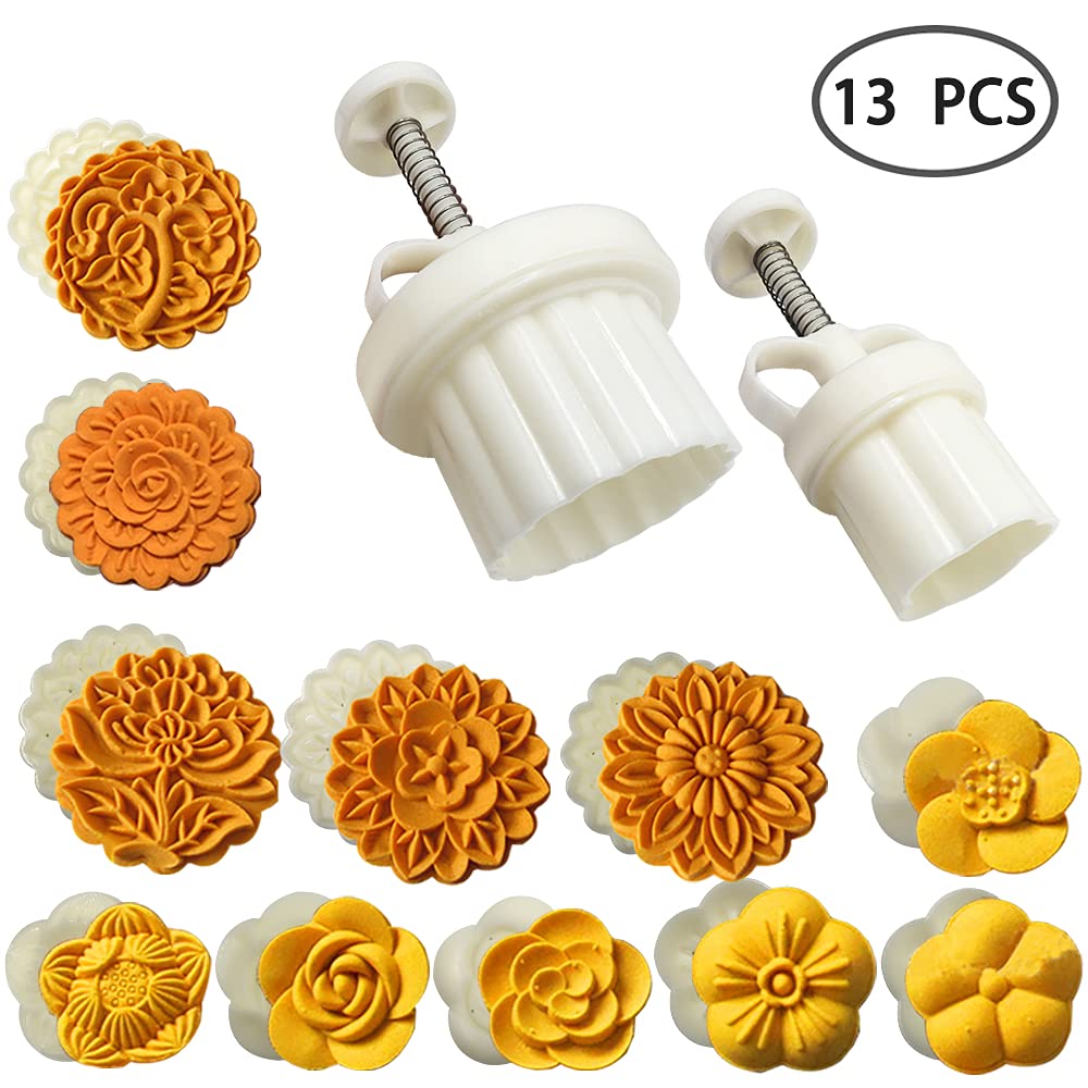 2 Set Mooncake Mould Press with 11 Stapms, FineGood DIY Cookie Cutter 50g 100g Flower Press Mooncake Mould Hand Pressure Mooncake Baking Tools