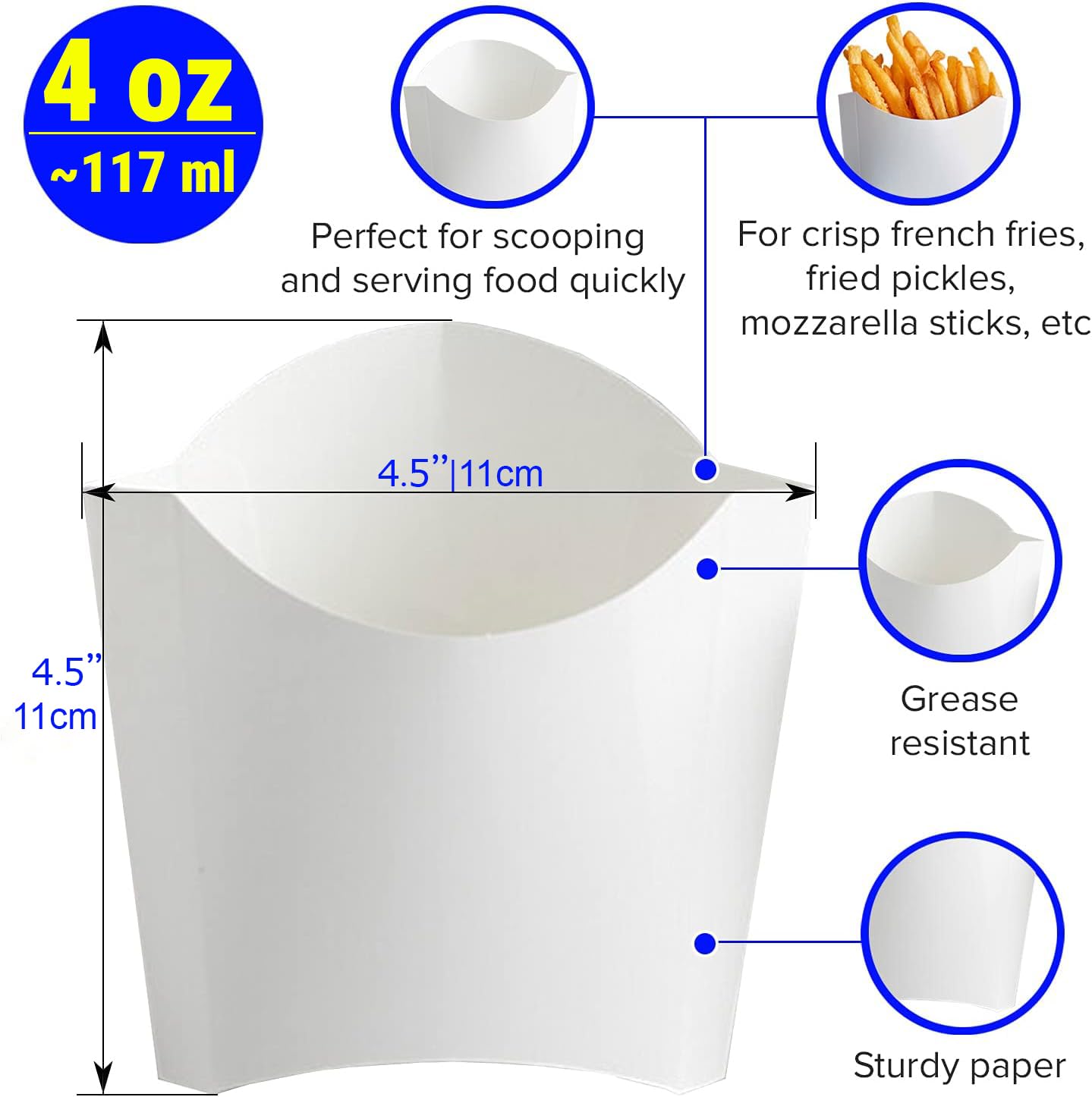 CUSINIUM [4 oz 50-Pack Small White French Fry Containers - Disposable French Fries Holders