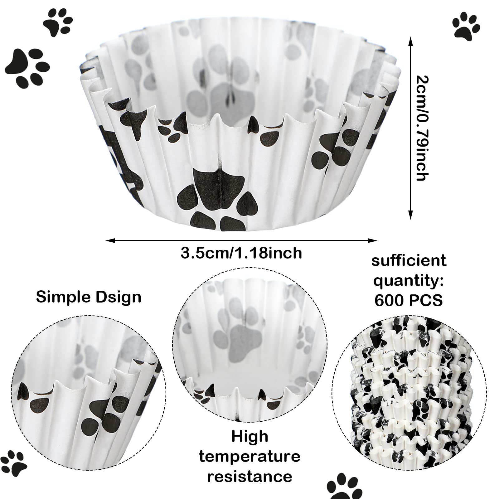 Pinkunn 600 count Dog Paw Design Mini Cupcake Liner Baking Cups Paper Small Candy Cups Making Supplies White Baking Cupcake Liner Supplies Holiday Muffin Chocolate Making Wrappers for Party Favors