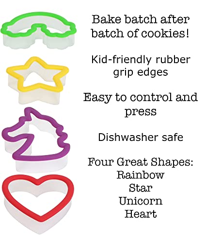 Iconikal Grip Cookie Cutters, Unicorn, Rainbow, Heart, Star, 4-Pack Set