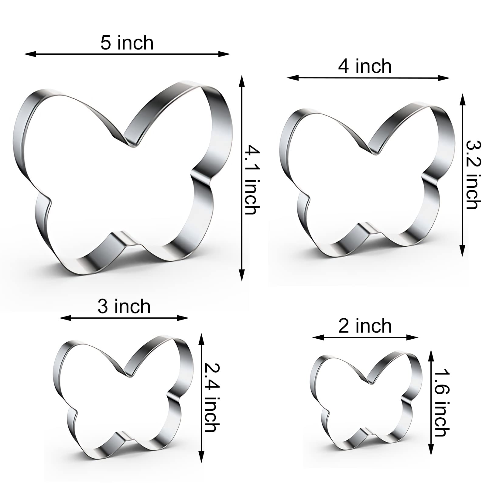 Butterfly Cookie Cutter Set in Assorted Sizes - 5 Inch, 4 Inch, 3 Inch, 2 Inch - 4 Piece - Stainelss Steel