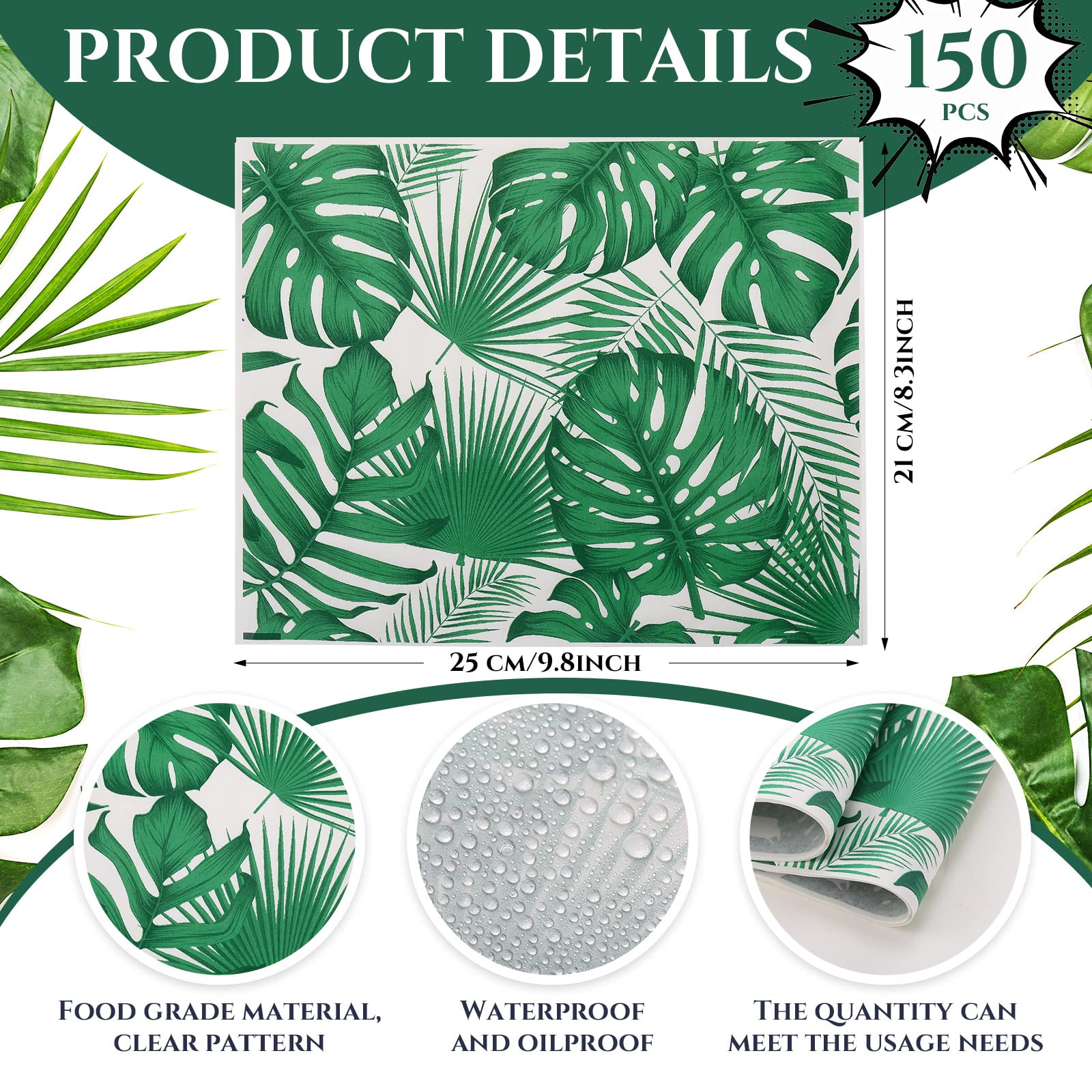 Qeeenar 150 Pcs Wax Paper Palm Leaf Summer Theme Wax Paper Sheets for Food Greaseproof Sandwich Wrapping Paper Waterproof Food Basket Liners Oil Leaf Deli Paper for Burger Cookies Candy Dessert