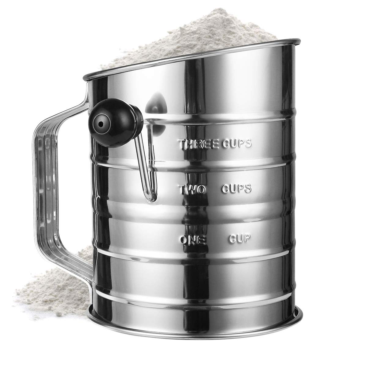 Flour Sifter for Baking Stainless Steel 3 Cup with 4 Wire Agitator Rotary Hand Crank 16 Fine Mesh Screen,Corrosion Resistant Baking Sieve Cup