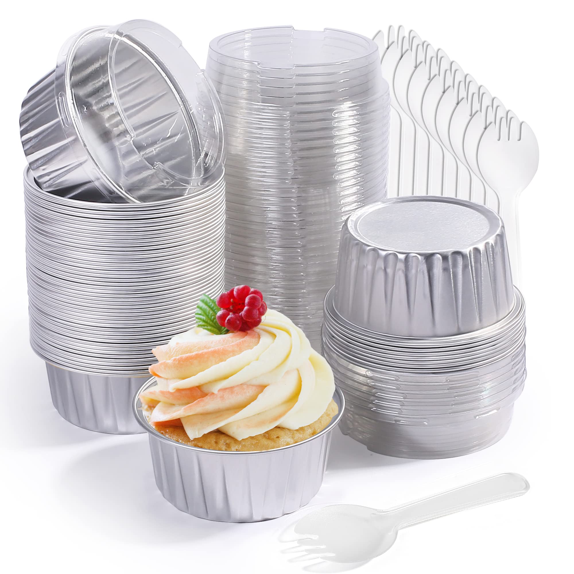 LotFancy Aluminum Foil Cupcake Baking Cups with Lids and Spoons, 5oz/125ml, 50 Pack Disposable Creme Brulee Ramekins, Oven Safe Mini Cake Tins Muffin Cups, Silver