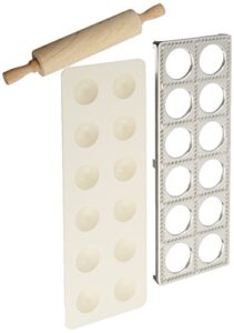 norpro 3 piece ravioli maker and press set with rolling pin, large, white and silver