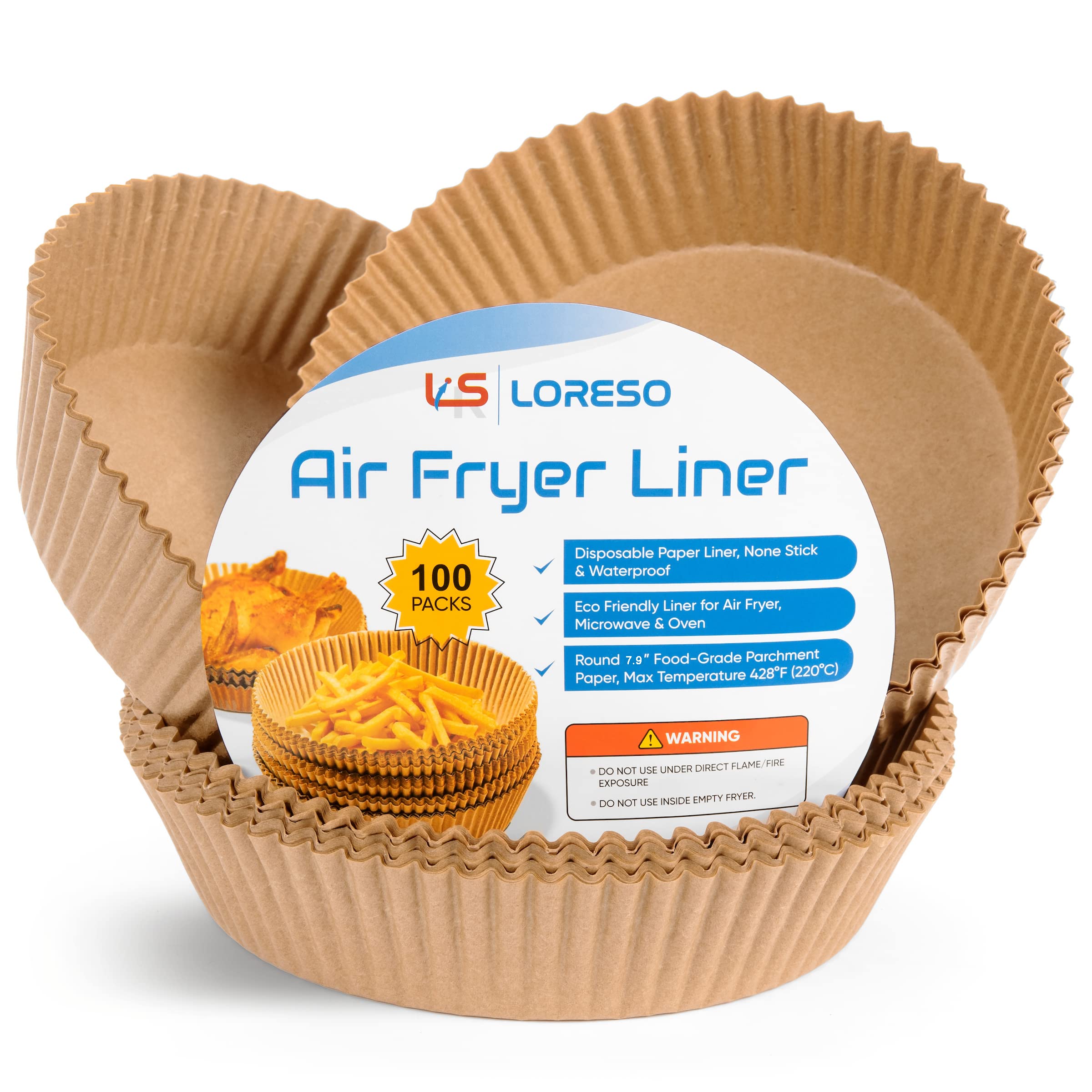 LORESO Air Fryer Paper Liner, 100 Count - Parchment Paper Basket Lining for 5-8 Quart Air Fryer, Non-Stick Cooking Surface, Microwaves and Conventional Oven Safe (7.9" Round - 100CT)