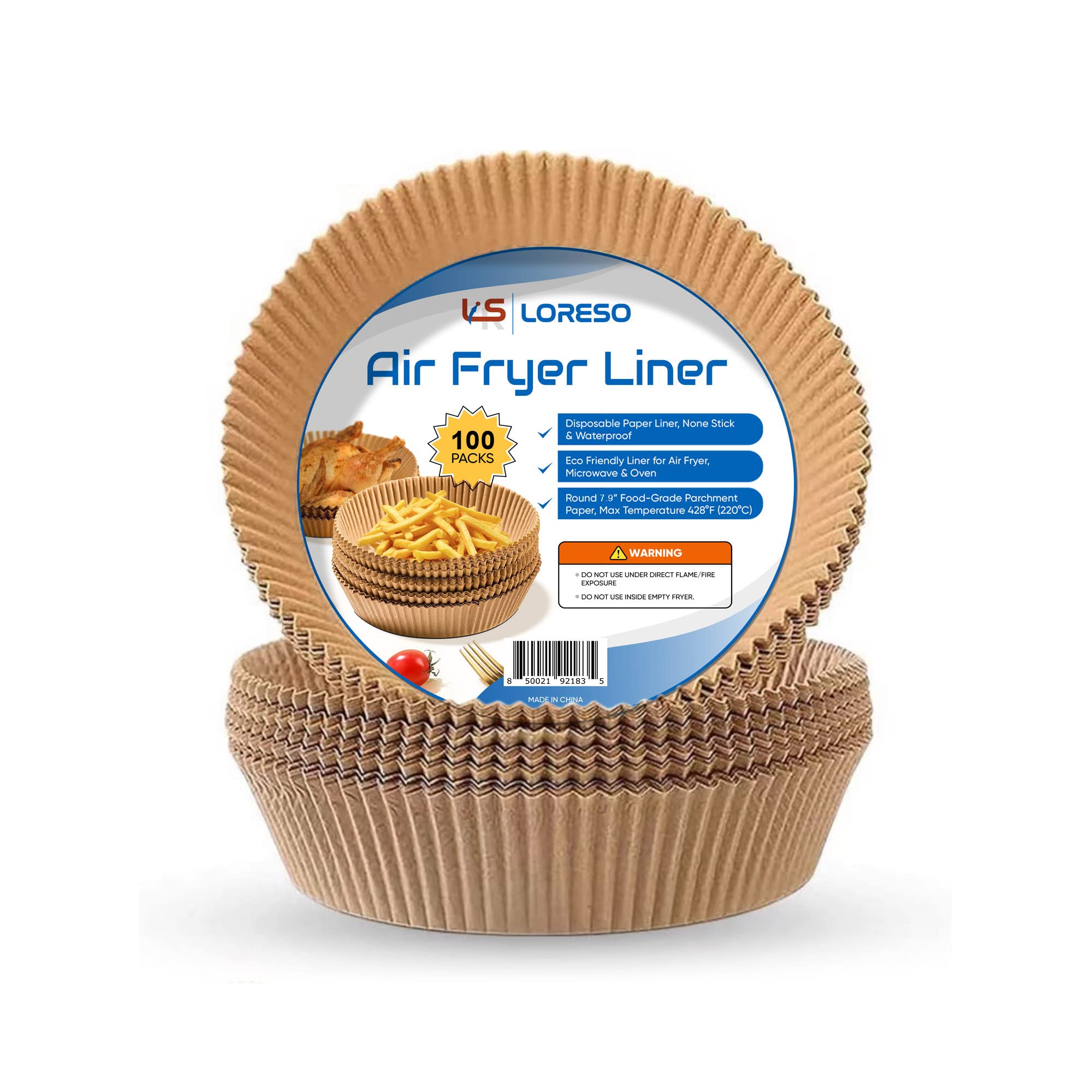 LORESO Air Fryer Paper Liner, 100 Count - Parchment Paper Basket Lining for 5-8 Quart Air Fryer, Non-Stick Cooking Surface, Microwaves and Conventional Oven Safe (7.9" Round - 100CT)