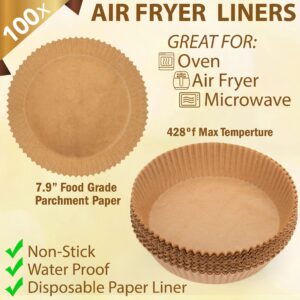 LORESO Air Fryer Paper Liner, 100 Count - Parchment Paper Basket Lining for 5-8 Quart Air Fryer, Non-Stick Cooking Surface, Microwaves and Conventional Oven Safe (7.9" Round - 100CT)