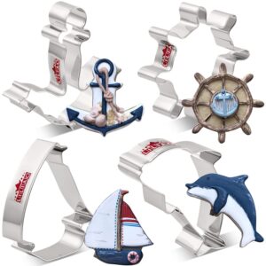 liliao nautical cookie cutter set - 4 piece - anchor, sailboat, rudder and dolphin biscuit fondant cutters - stainless steel