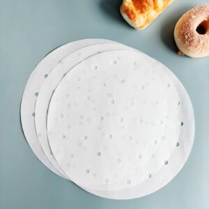 100 PCS Bamboo Steamer Liner, 10" Round Air Fryer Parchment Paper with Holes, White Anti-Stick Steamer Paper