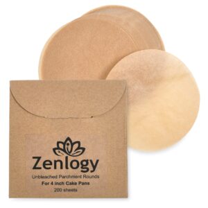 zenlogy 4 inch small parchment paper rounds (200 sheets) - unbleached, pre-cut, high heat, round liners - fits 4 inch small round pans or great for lining, freezing and storing, and separating