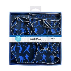 r&m international baseball cookie cutters, bat, hat, ball, player, glove, star, sneaker, 7-piece set,silver