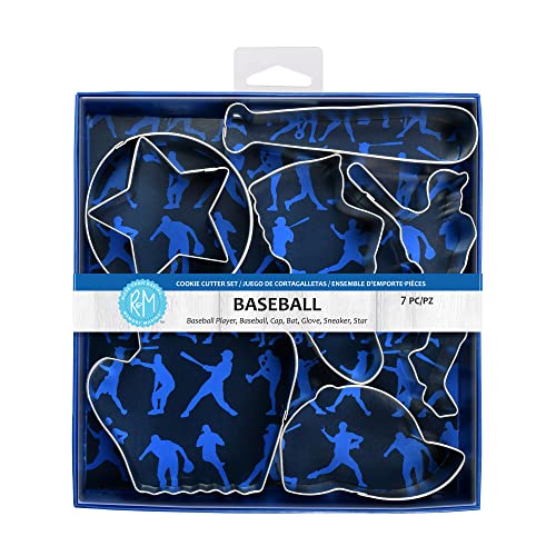 R&M International Baseball Cookie Cutters, Bat, Hat, Ball, Player, Glove, Star, Sneaker, 7-Piece Set,Silver