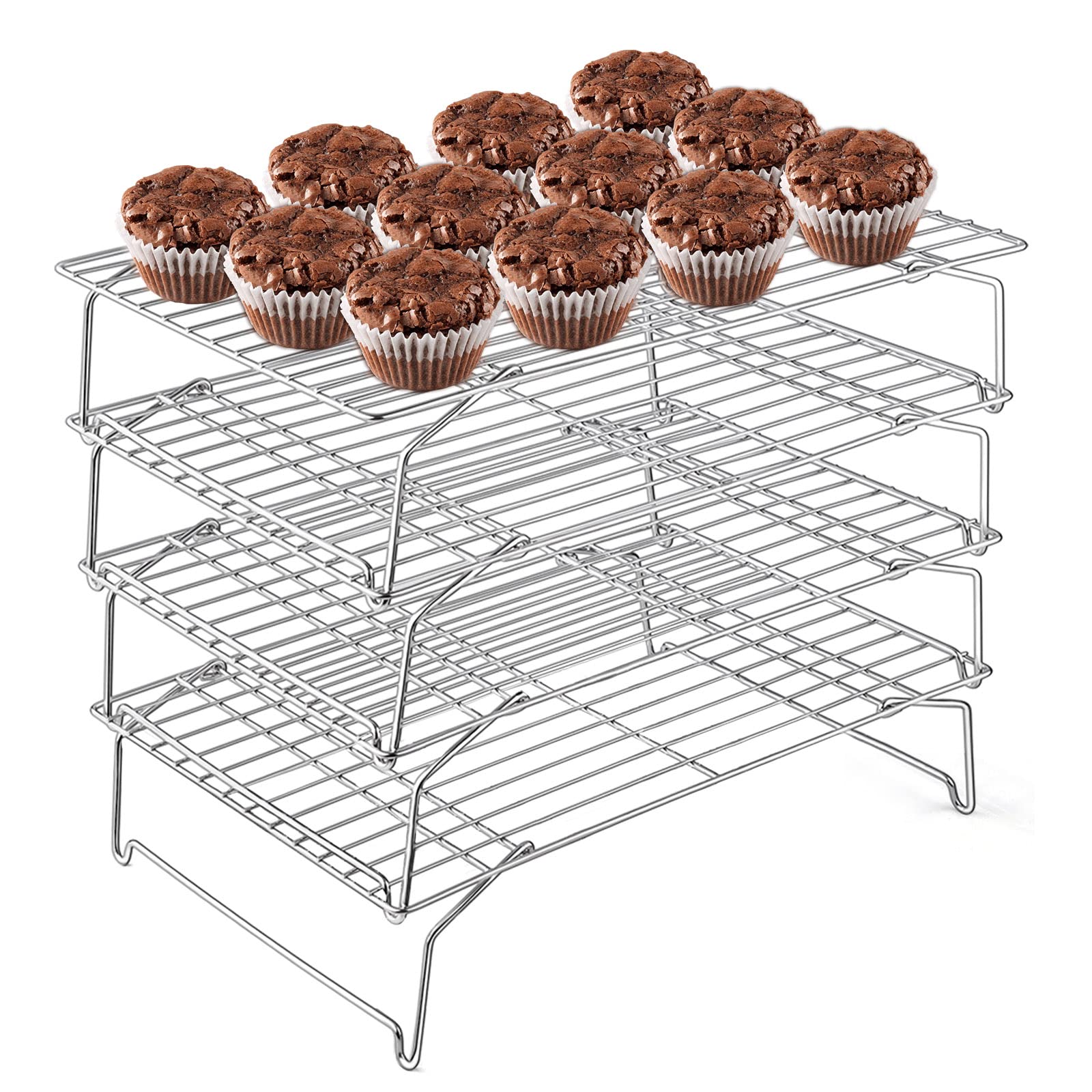 E-far 4-Tier Cooling Rack, 15”x10.1" Stainless Steel Stackable Wire Cooling Rack for Baking Cooking Cookies, Folding Leg & Non-toxic, Oven Safe & Dishwasher Safe