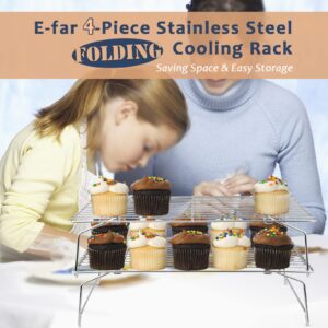 E-far 4-Tier Cooling Rack, 15”x10.1" Stainless Steel Stackable Wire Cooling Rack for Baking Cooking Cookies, Folding Leg & Non-toxic, Oven Safe & Dishwasher Safe