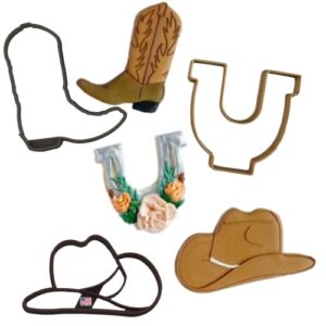 cowboy cookie cutters country western rodeo boot cowboy cowgirl hat and rustic horseshoe wild west cookie cutters for any special occasion/celebration (3 pack)