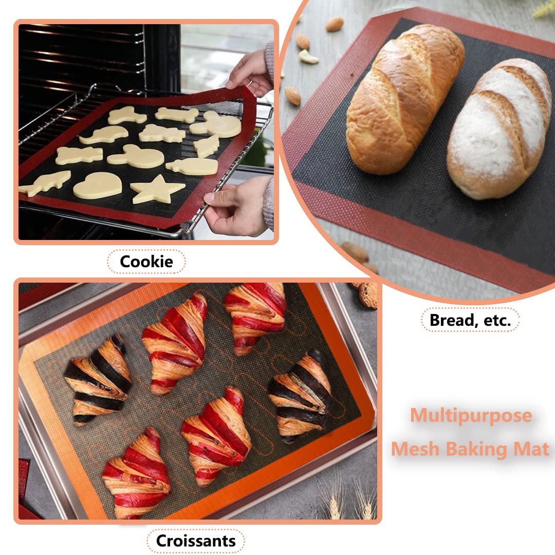 Perforated Silicone Baking Mats, 2 PCS Eclair Silicone Mat for Half Sheet with 12 Printed Oblong Eclair Guides, Non-Stick Reusable Oven Liners for Making Bread/Pizza/Pastry/Cookie 11-4/5" x 15-3/4"