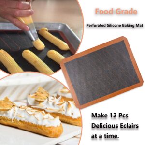 Perforated Silicone Baking Mats, 2 PCS Eclair Silicone Mat for Half Sheet with 12 Printed Oblong Eclair Guides, Non-Stick Reusable Oven Liners for Making Bread/Pizza/Pastry/Cookie 11-4/5" x 15-3/4"