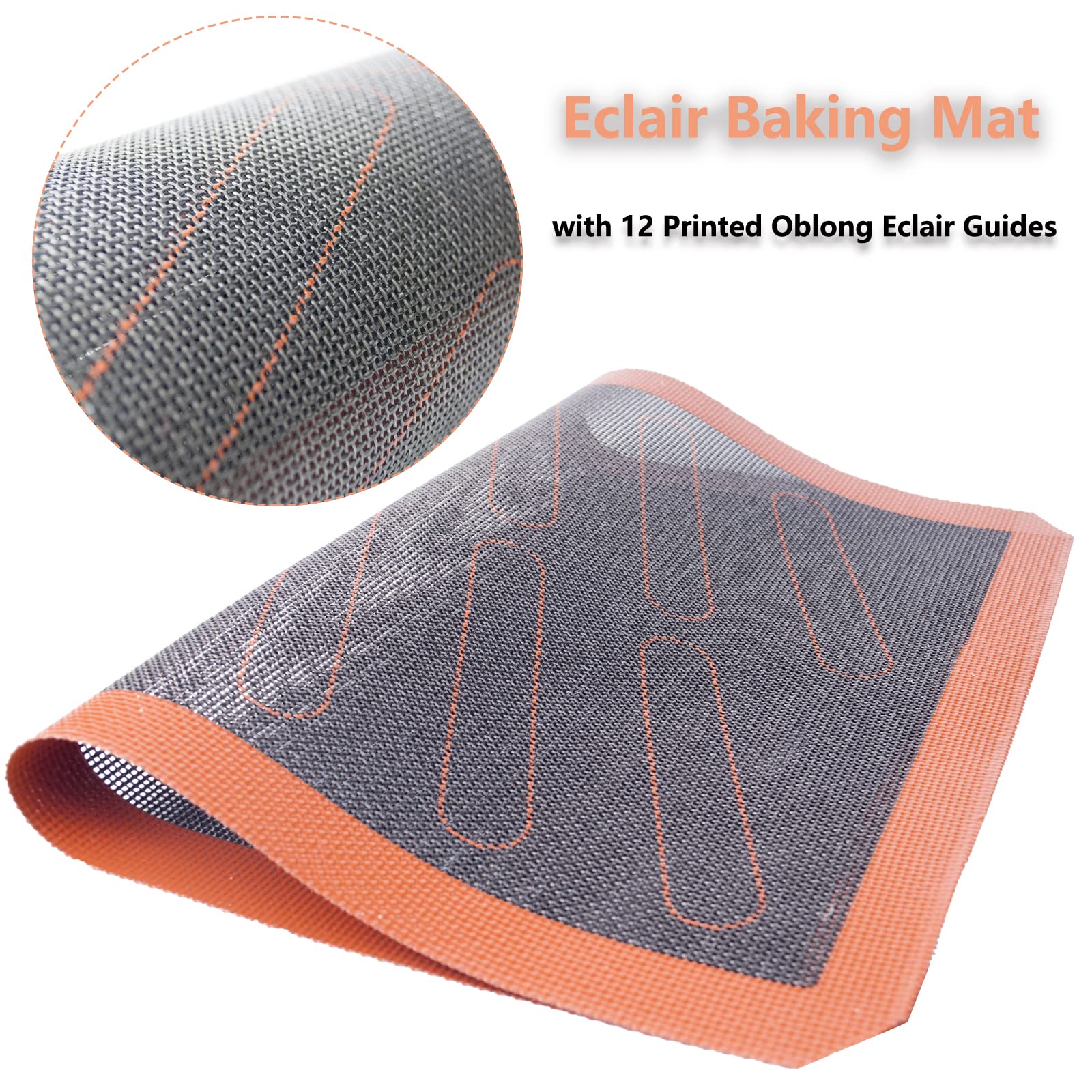 Perforated Silicone Baking Mats, 2 PCS Eclair Silicone Mat for Half Sheet with 12 Printed Oblong Eclair Guides, Non-Stick Reusable Oven Liners for Making Bread/Pizza/Pastry/Cookie 11-4/5" x 15-3/4"