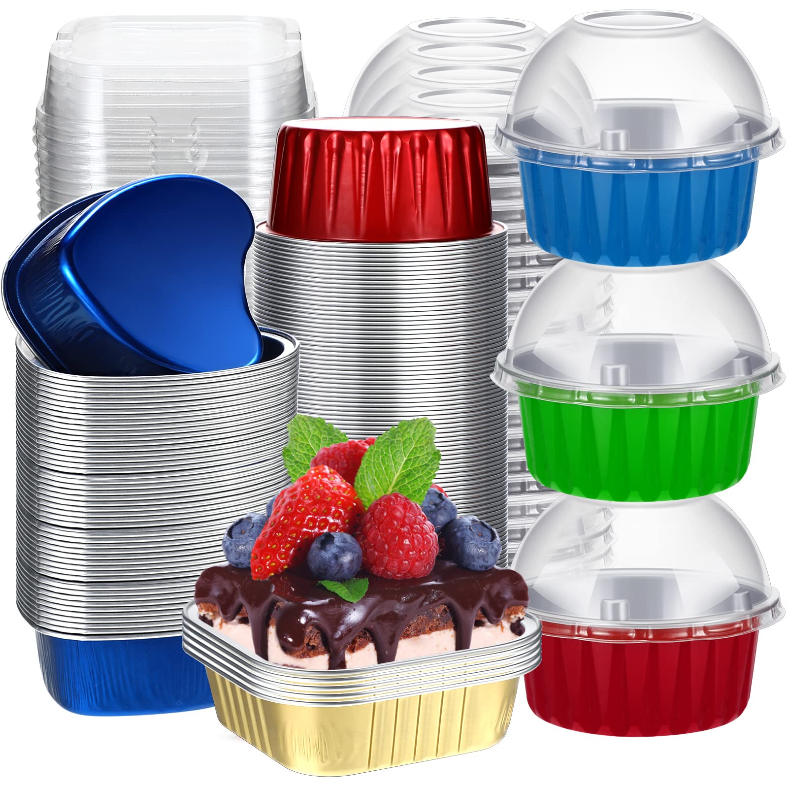 100 Pack 3 Shapes Baking Cups with Lids Aluminum Foil Baking Cups Cupcake Liners Mini Muffin Liners with Lids Cheesecakes Liners Cups for Christmas Muffin Birthday Baby Shower Wedding Party (Colorful)