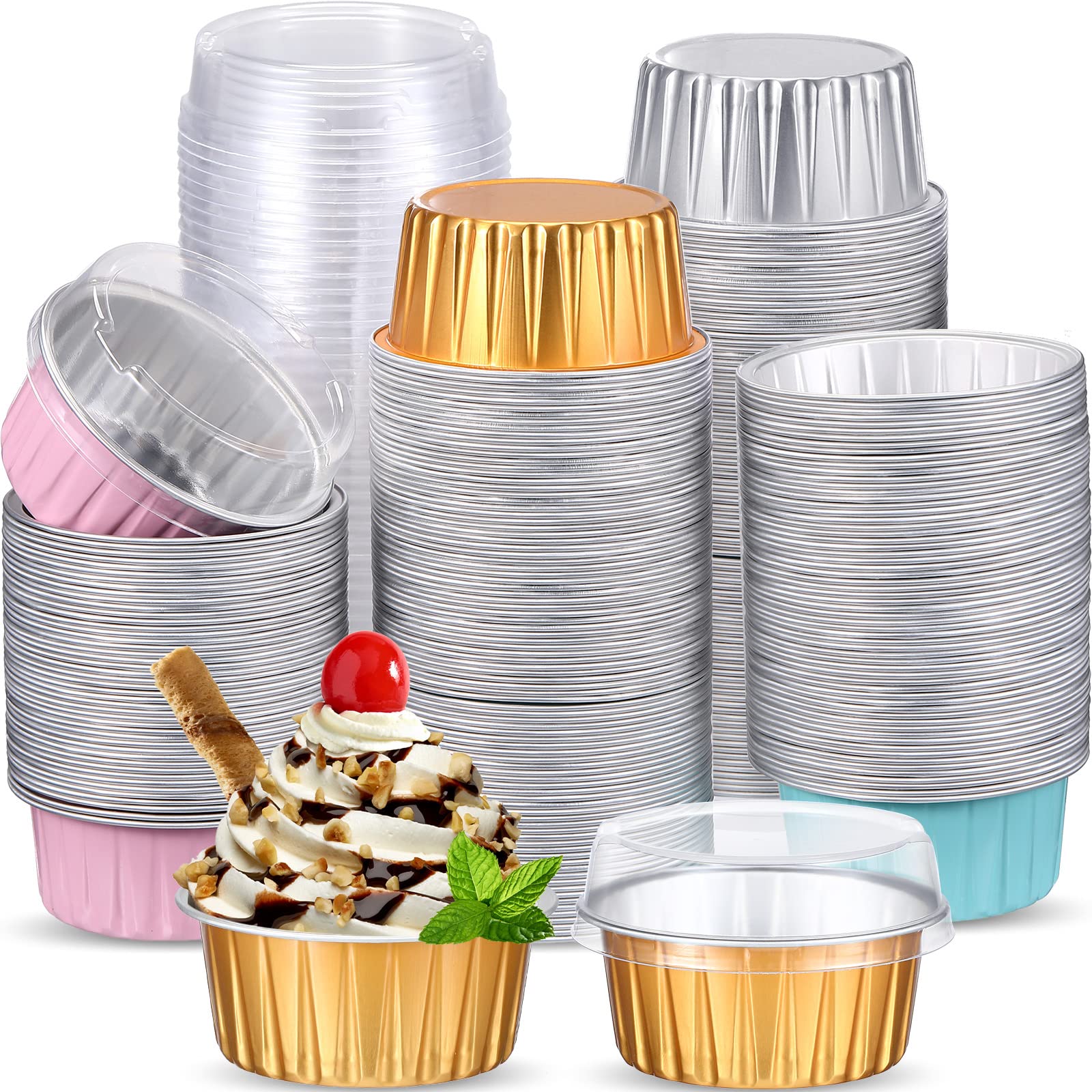 Thenshop 200 Pcs Mini Aluminum Pans with Lids, 5 oz Foil Cupcake Liners Disposable Creme Brulee Ramekins Dessert Custard Cup Cake Pie Pans Container Cheesecake Muffin Tins for Wedding Birthday Party