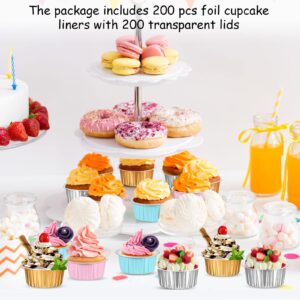 Thenshop 200 Pcs Mini Aluminum Pans with Lids, 5 oz Foil Cupcake Liners Disposable Creme Brulee Ramekins Dessert Custard Cup Cake Pie Pans Container Cheesecake Muffin Tins for Wedding Birthday Party