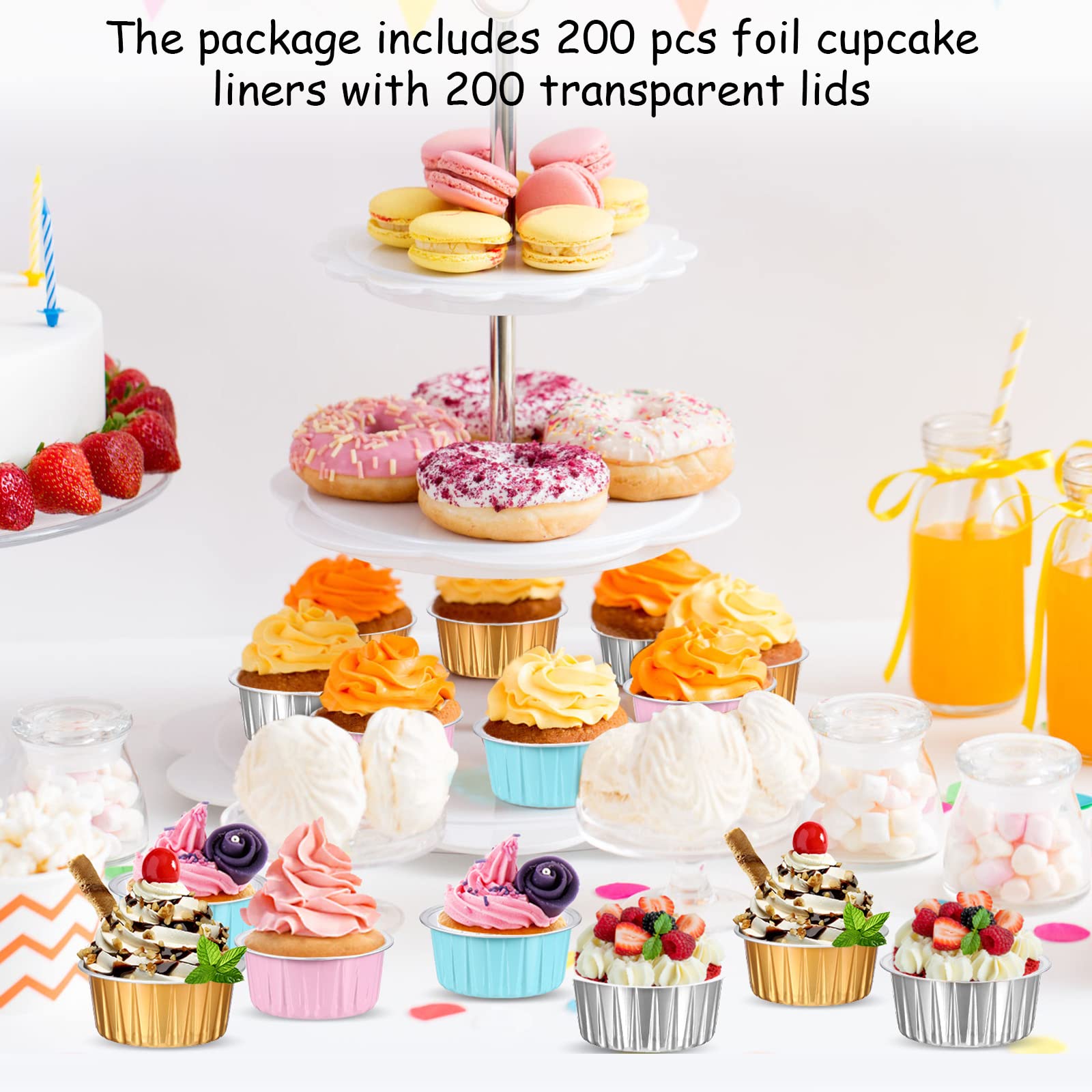 Thenshop 200 Pcs Mini Aluminum Pans with Lids, 5 oz Foil Cupcake Liners Disposable Creme Brulee Ramekins Dessert Custard Cup Cake Pie Pans Container Cheesecake Muffin Tins for Wedding Birthday Party