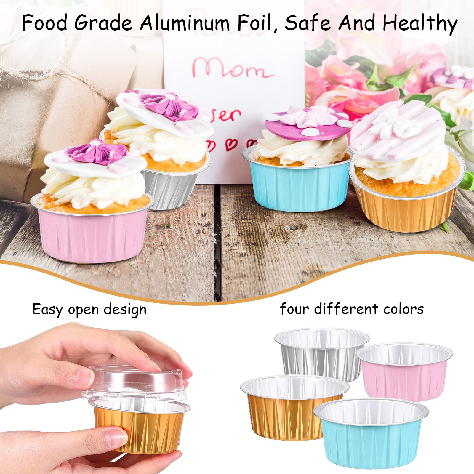 Thenshop 200 Pcs Mini Aluminum Pans with Lids, 5 oz Foil Cupcake Liners Disposable Creme Brulee Ramekins Dessert Custard Cup Cake Pie Pans Container Cheesecake Muffin Tins for Wedding Birthday Party