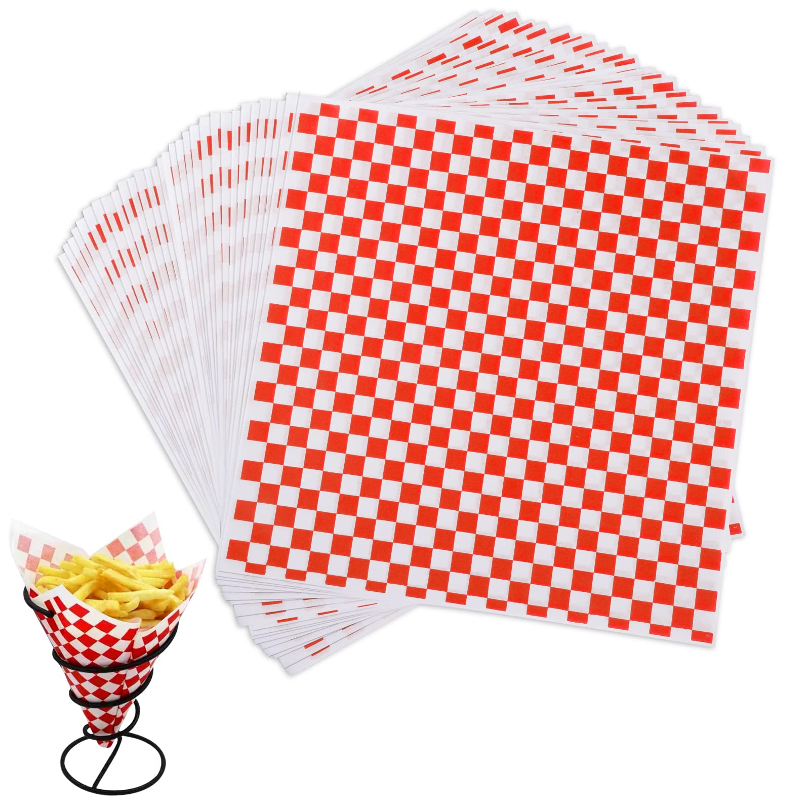 GeeRic Waxed Deli Paper Sheets 12 * 12 Inch, 100 Pcs Food Basket Liners for Sandwiches, Burgers, Checkered Deli Wrap Wax Paper Sheets Red