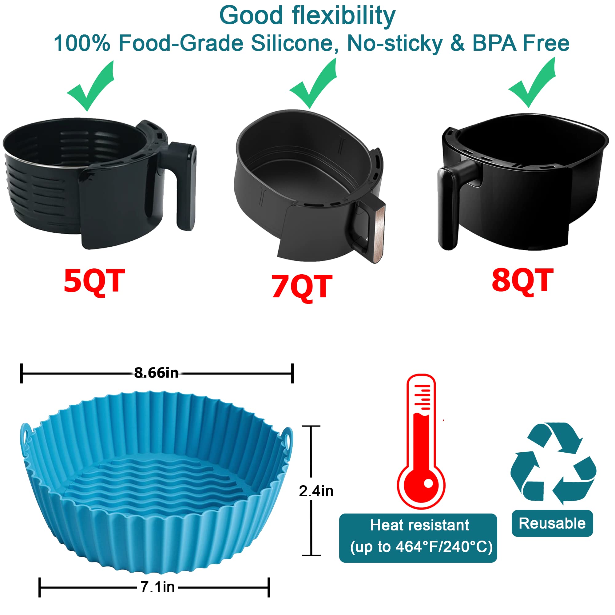 DTHOME3 2PCS Silicone Air Fryer Liners for 5 to 8 QT | Round Air Fryer Silicone Basket Bowl, Reusable & Heat Resistant | Easy Clean-Up Solution for Air Fryers (8.66in, Red+Blue)