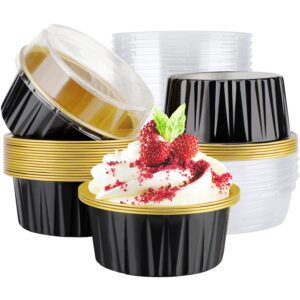 eusoar ramekins with lids, 25pcs 5oz cupcake liners aluminum foil baking dessert cups holders, mini muffin creme brulee disposable ramekins cheesecake pan for catering wedding party favor-black&gold