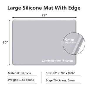 Gartful Silicone Mat for Kitchen Counter, 28" x 20" x 0.06" Thick Placemat - 0.2" Raised Edge, Extra Large Silicone Sheet with Lip, Counter Table Protector, Heat-Resistant Pad, Nonstick, Light Gray