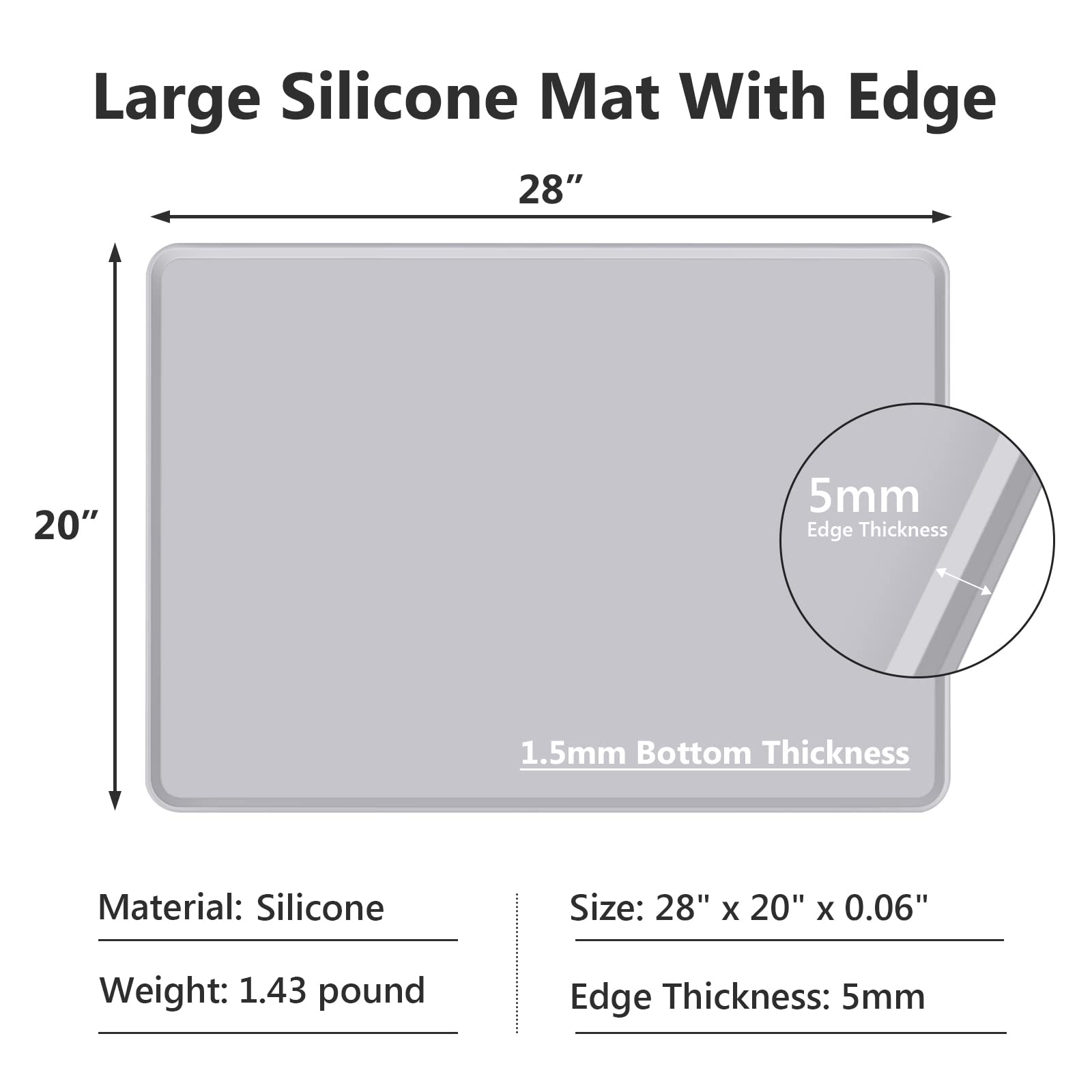 Gartful Silicone Mat for Kitchen Counter, 28" x 20" x 0.06" Thick Placemat - 0.2" Raised Edge, Extra Large Silicone Sheet with Lip, Counter Table Protector, Heat-Resistant Pad, Nonstick, Light Gray