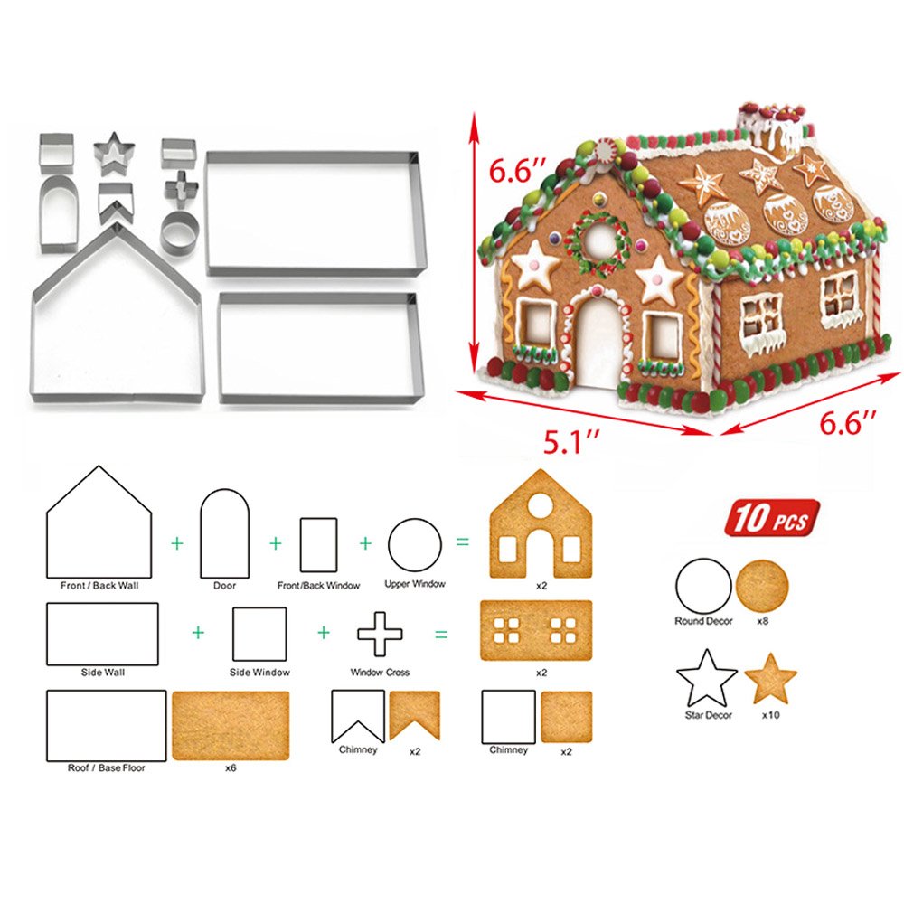 Gingerbread House Cookie Cutter Set - 3D House Cookie Cutters, Gingerbread House Kit for Holiday, Winter, Christmas & Gingerbread House Kit for Kids, Gift Package (10Pcs Christmas Cookie Cutters)