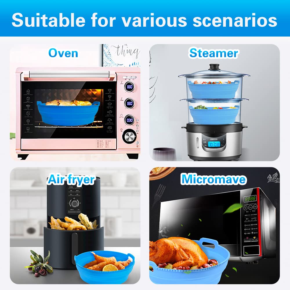 SameTech 2PCS Foldable Air Fryer Silicone Liner for 4-7QT 8.5inch Basket Reusable Air Fryer Liners Silicone Dishwasher Safe Heat Resistant Air Fryer Pot Replacement of Flammable Paper Liner (Blue)