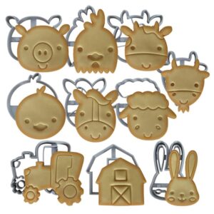 moose goods farm animal cookie cutters - set of 10 cookie cutters for kids birthday party or themed parties - includes chicken, pig, cow, horse, duck, goat, sheep, bunny, barn, & tractor cookie cutter