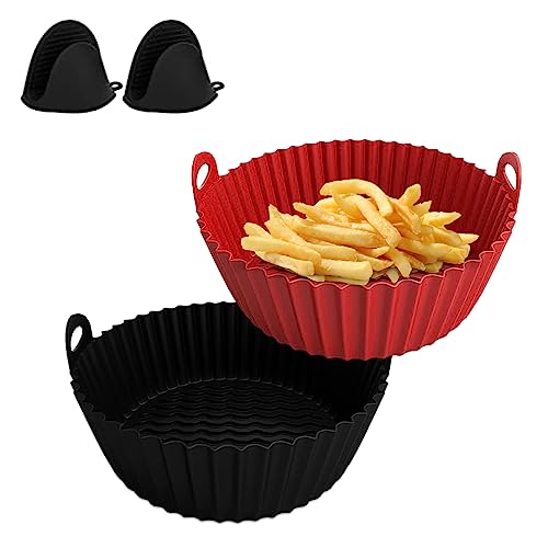 2 Pcs Air Fryer Silicone Liners Pot for 4 to 7 QT - 8 Inch Reusable Air Fryer Liners with 1 Pack of Black Silicone Mitt - Replacement of Flammable Parchment Liner Paper (Black & Red)