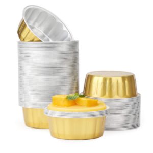 beasea 8 oz 100 pack aluminum ramekins, disposable ramekins foil cups baking utility 3.9" ramekin cup muffin cupcake aluminum baking cup mini pudding souffle cups for party wedding birthday - gold