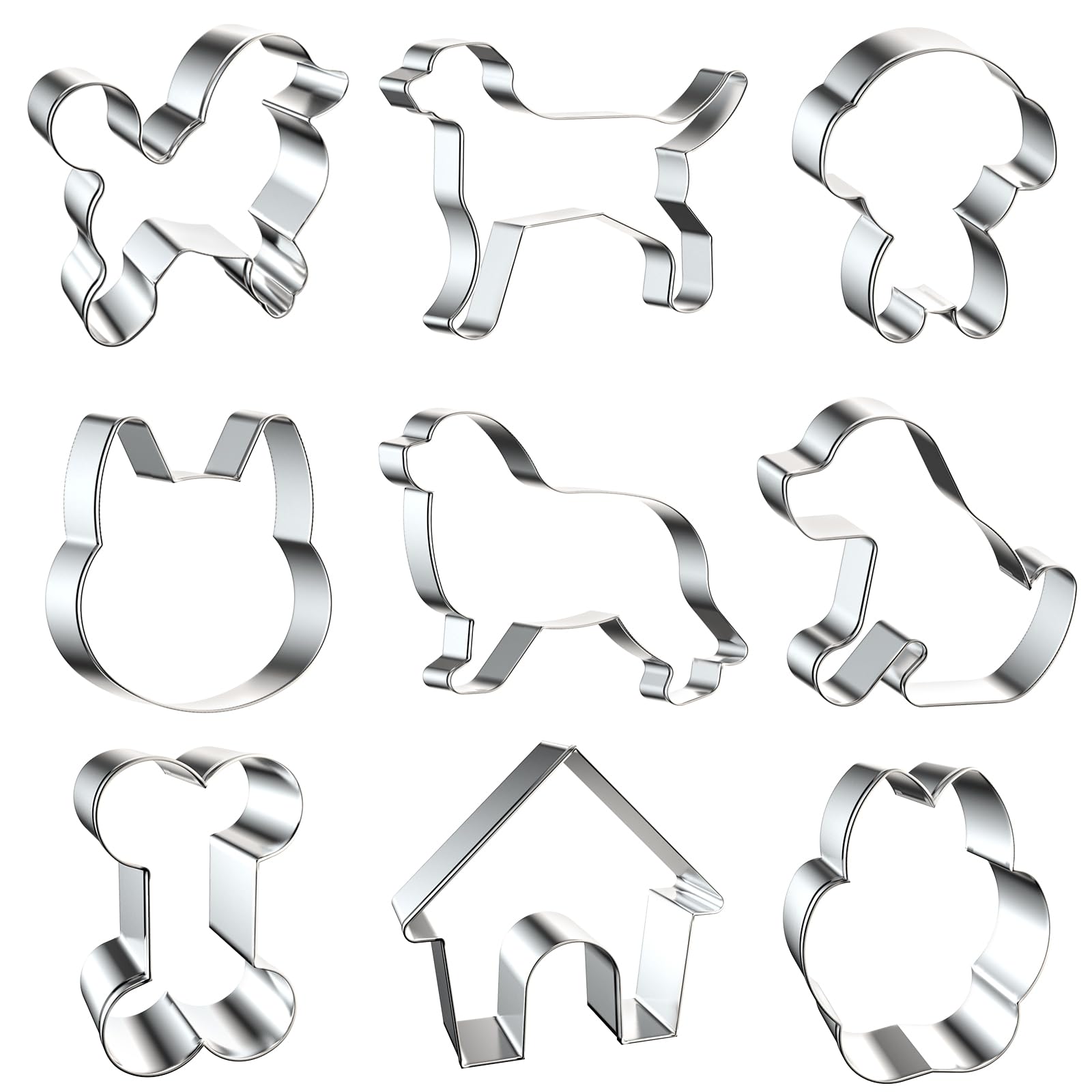 9 PCS Dog Cookie Cutters Set, Assorted Dog Shape Metal Cookie Cutters, Bone, Dog Paw, Corgi, Labrador, Rottweiler, Sheepdog Shape Cookie Cutters Molds for Baking Dog Party Supplies, Silver, standard