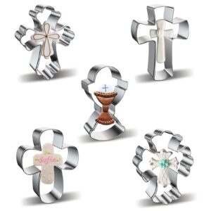 cross cookie cutter shapes set, azflyife 5 piece stainless steel metal biscuit mold cookie cutters with chalice holy cup crucifix crucifixion for easter halloween christmas religious baptism communion