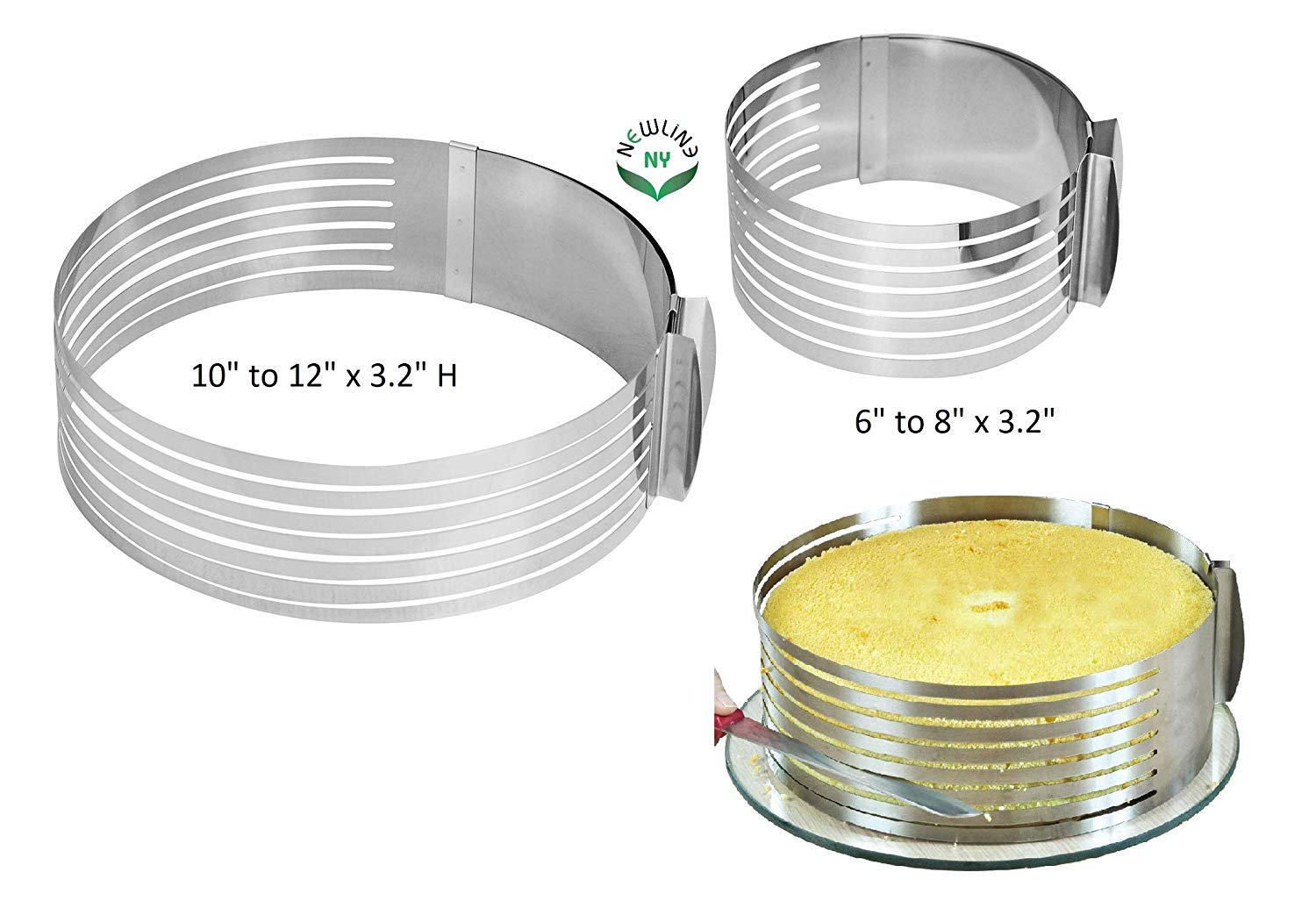 NewlineNY Stainless Steel 2 Pieces Cake Slicer Adjustable Multilayer Circular Molding Plating Forming Round Cake Rings, Set of 2 (10 to 12” + 6 to 8” x 3.2” H)