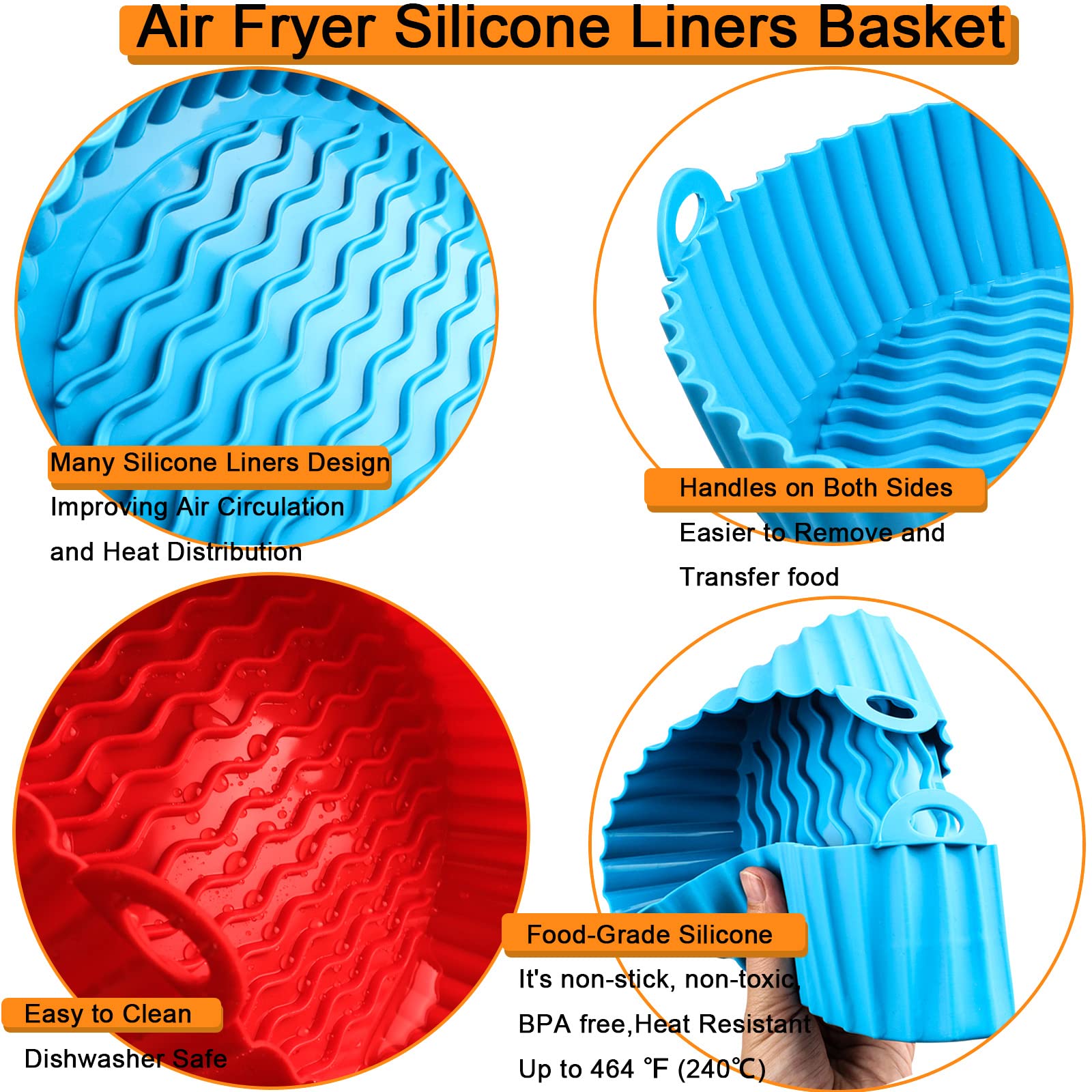 Air Fryer Silicone Pot 7.5 inch Air Fryer Oven Accessories,Food Safe Air fryers Oven Accessories, Replacement for Flammable Parchment Liner Paper (7.5inch, red+blue)