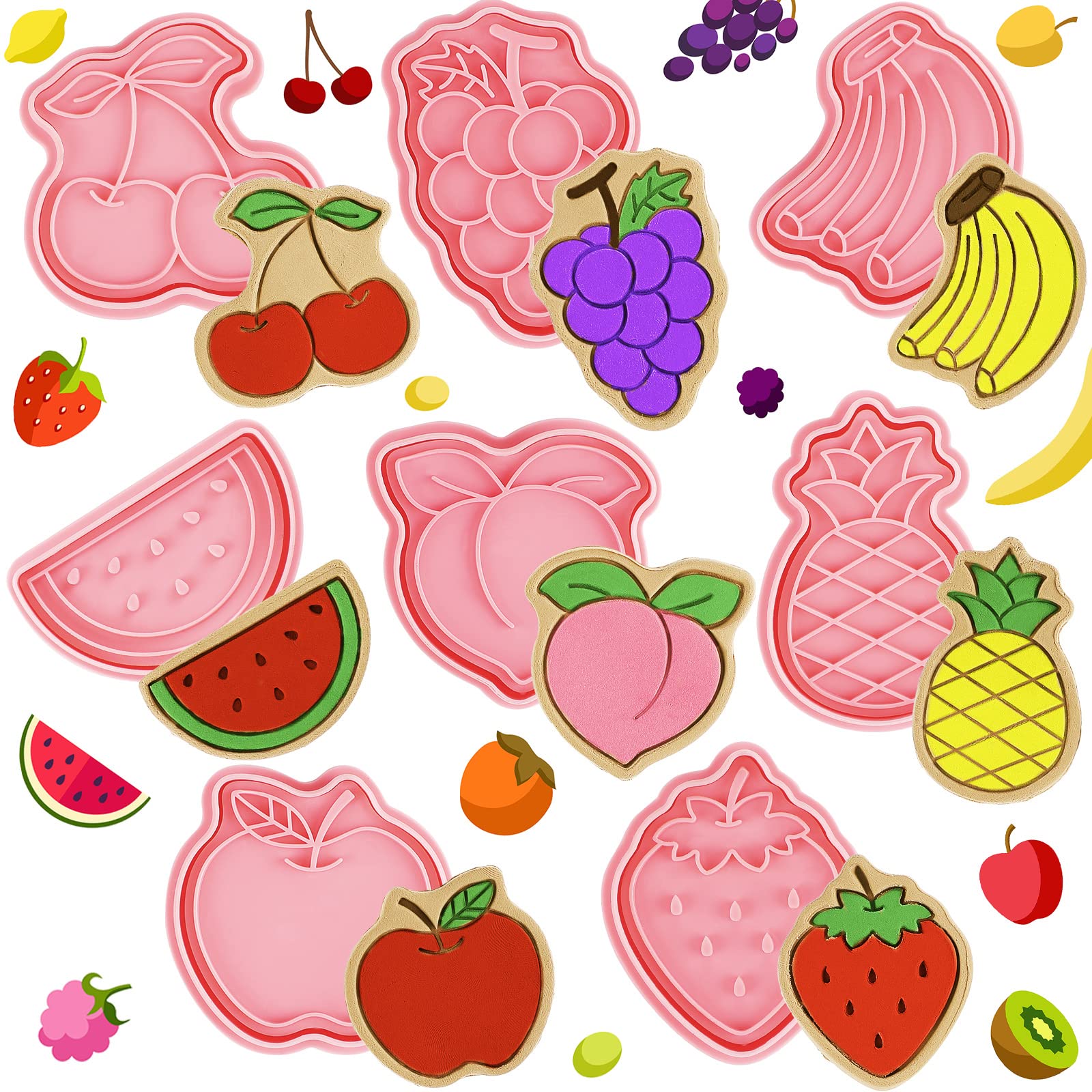 8 Pcs Fruit Cookie Cutters with Plunger Stamps Set 3D Grape Banana Strawberry Pineapple Watermelon Peach Cherry Apple Cookie Cutters for Treats DIY Cookie Cake Baking Supplies