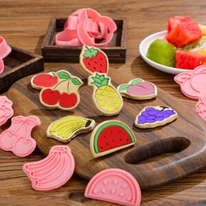 8 Pcs Fruit Cookie Cutters with Plunger Stamps Set 3D Grape Banana Strawberry Pineapple Watermelon Peach Cherry Apple Cookie Cutters for Treats DIY Cookie Cake Baking Supplies