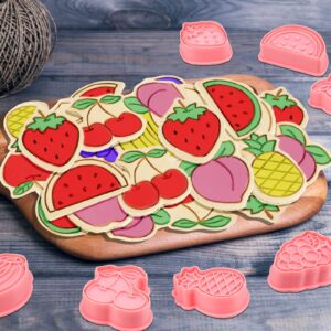 8 Pcs Fruit Cookie Cutters with Plunger Stamps Set 3D Grape Banana Strawberry Pineapple Watermelon Peach Cherry Apple Cookie Cutters for Treats DIY Cookie Cake Baking Supplies