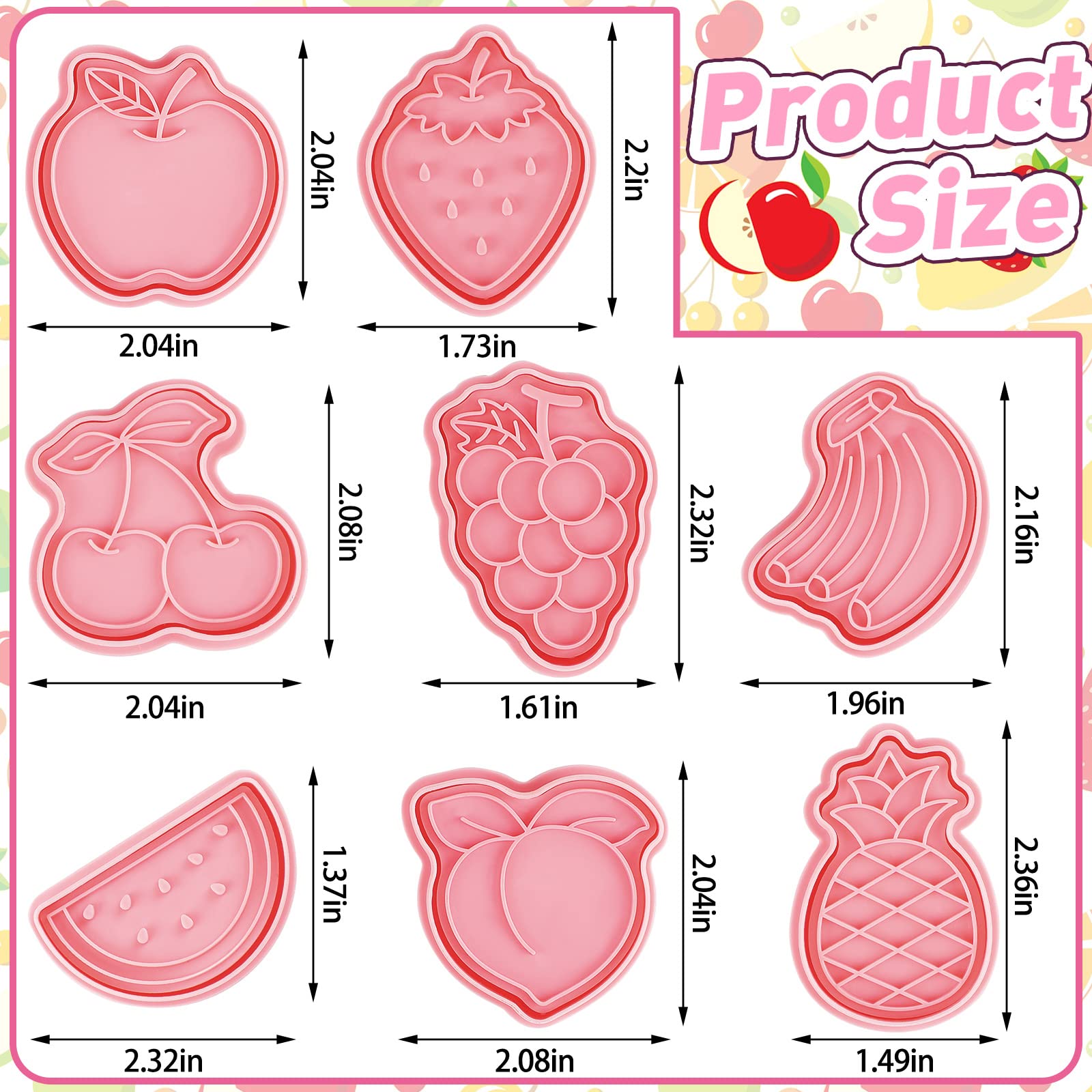 8 Pcs Fruit Cookie Cutters with Plunger Stamps Set 3D Grape Banana Strawberry Pineapple Watermelon Peach Cherry Apple Cookie Cutters for Treats DIY Cookie Cake Baking Supplies