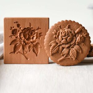 cosybeau cookie stamp carved wood mold press cookie mold, custom wooden biscuit cutter cookie presses stamps diy christmas thanksgiving for baking (peony)