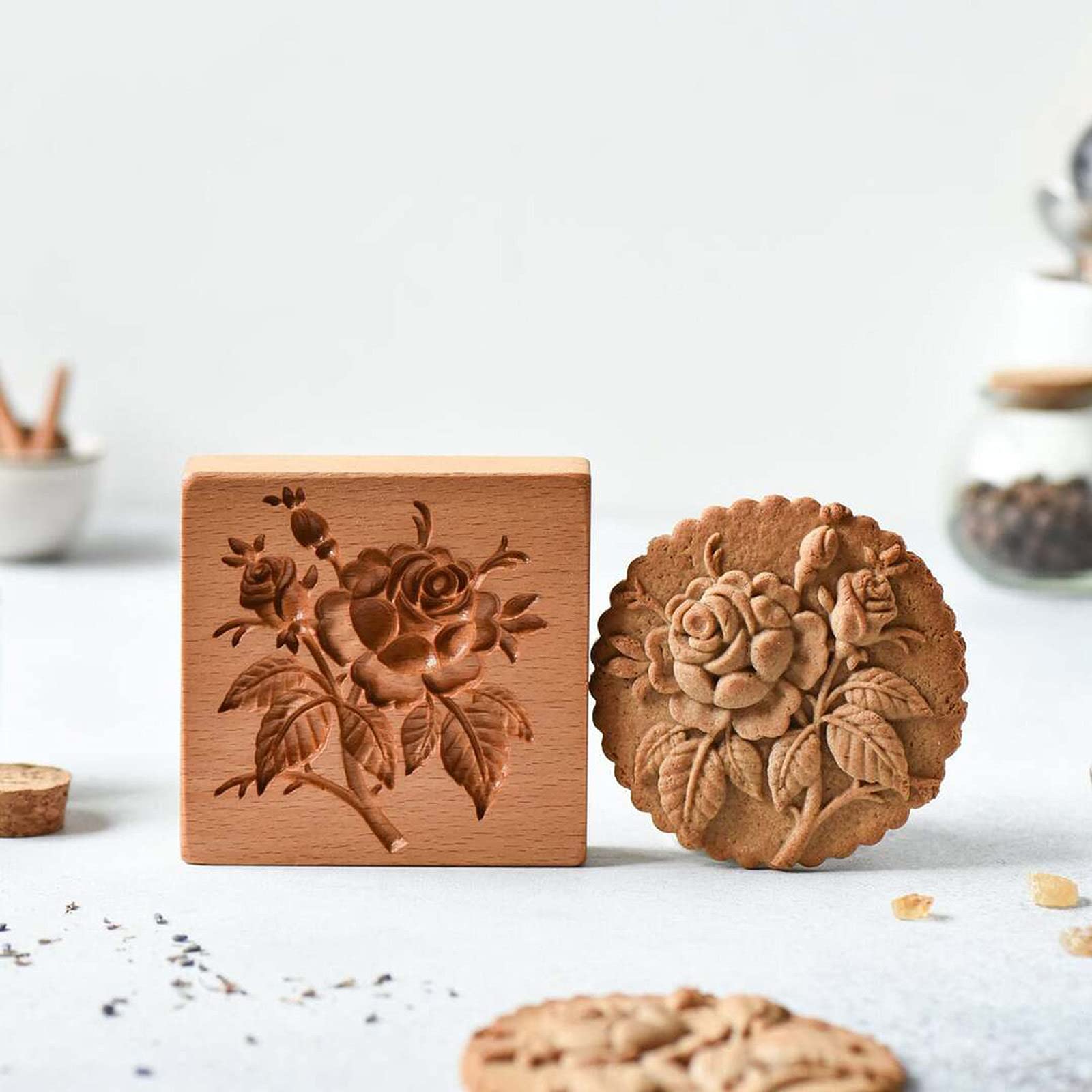 Cosybeau Cookie Stamp Carved Wood Mold Press Cookie Mold, Custom Wooden Biscuit Cutter Cookie Presses Stamps DIY Christmas Thanksgiving for Baking (Peony)